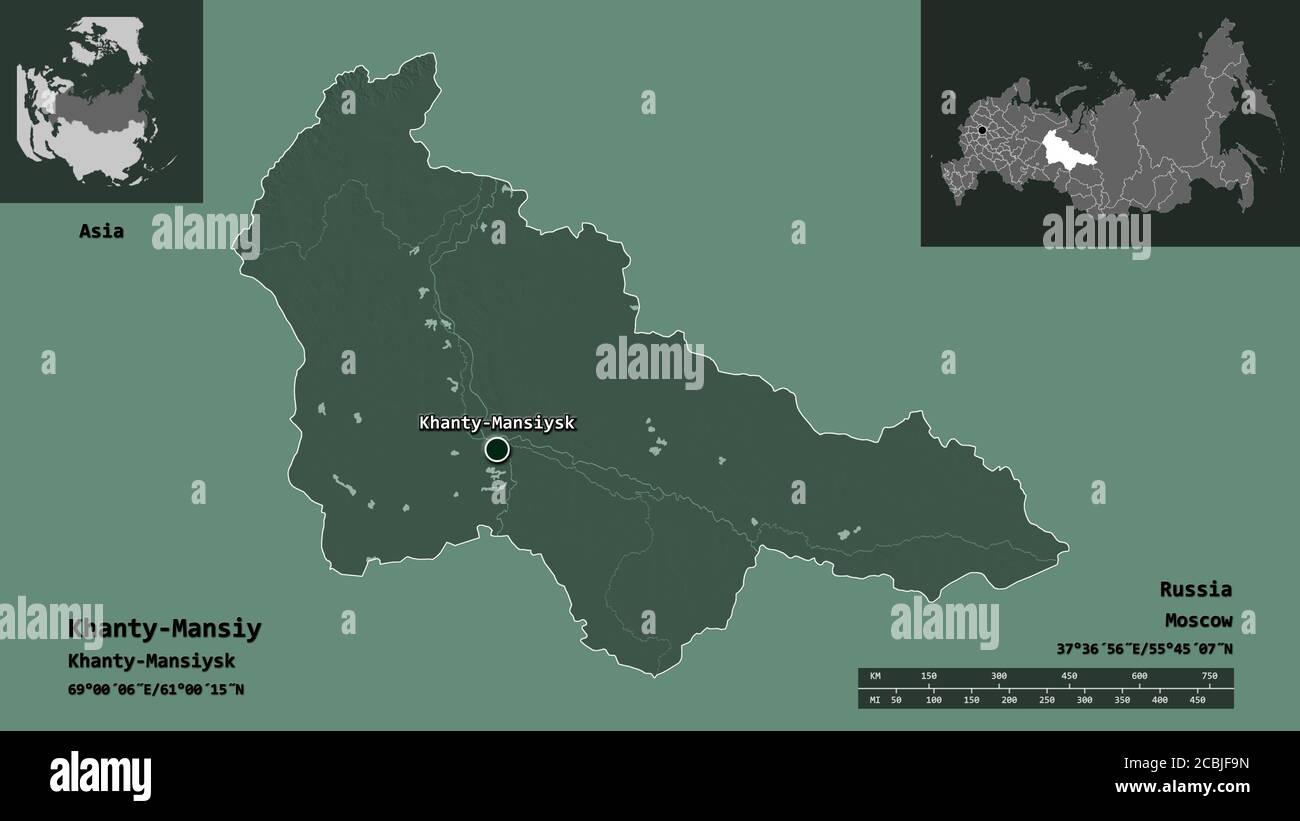 Shape of Khanty-Mansiy, autonomous province of Russia, and its capital. Distance scale, previews ...