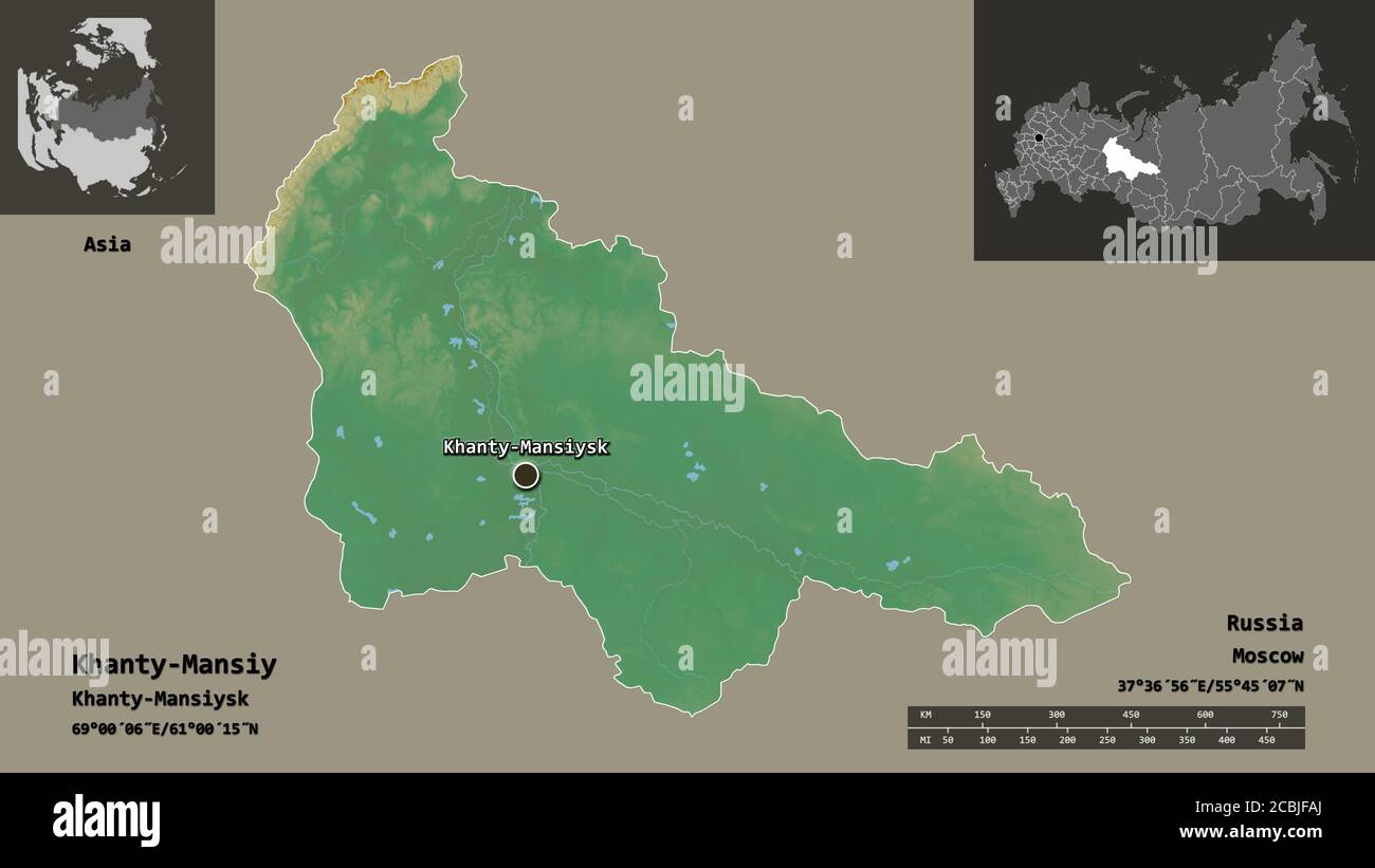 Shape of Khanty-Mansiy, autonomous province of Russia, and its capital. Distance scale, previews ...