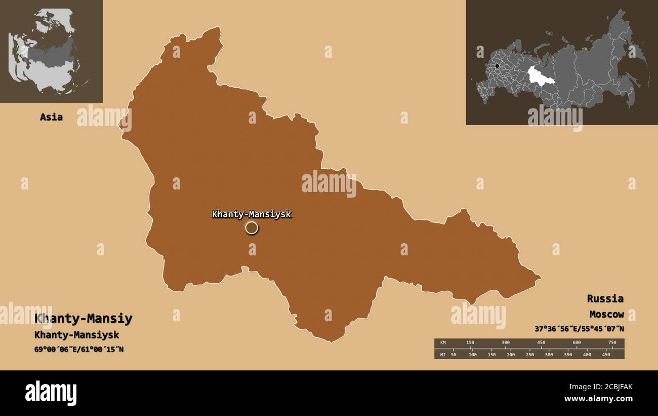 Shape of Khanty-Mansiy, autonomous province of Russia, and its capital. Distance scale, previews ...