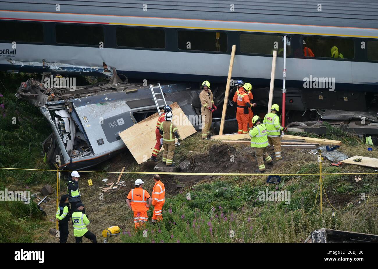The scene near Stonehaven, Aberdeenshire, following the derailment of ...