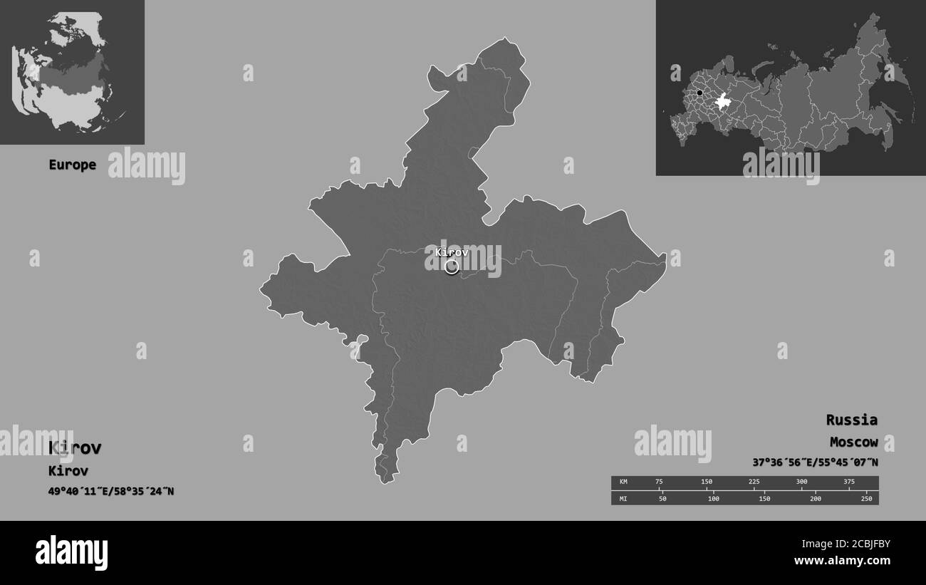 Shape of Kirov, region of Russia, and its capital. Distance scale ...