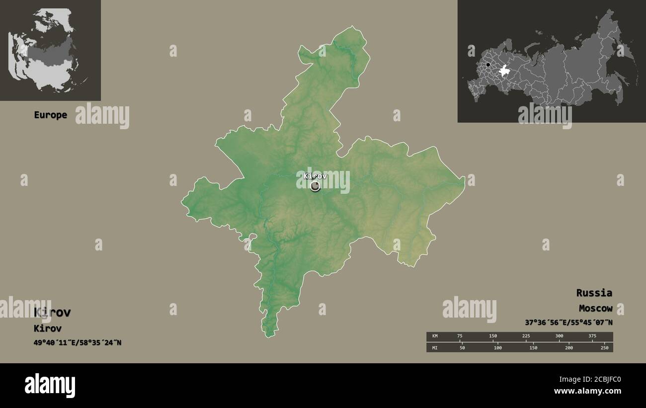 Shape of Kirov, region of Russia, and its capital. Distance scale ...