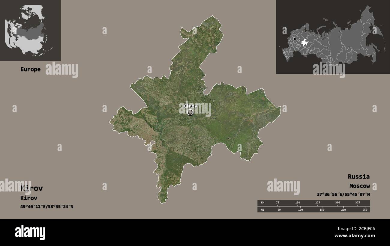 Shape of Kirov, region of Russia, and its capital. Distance scale ...