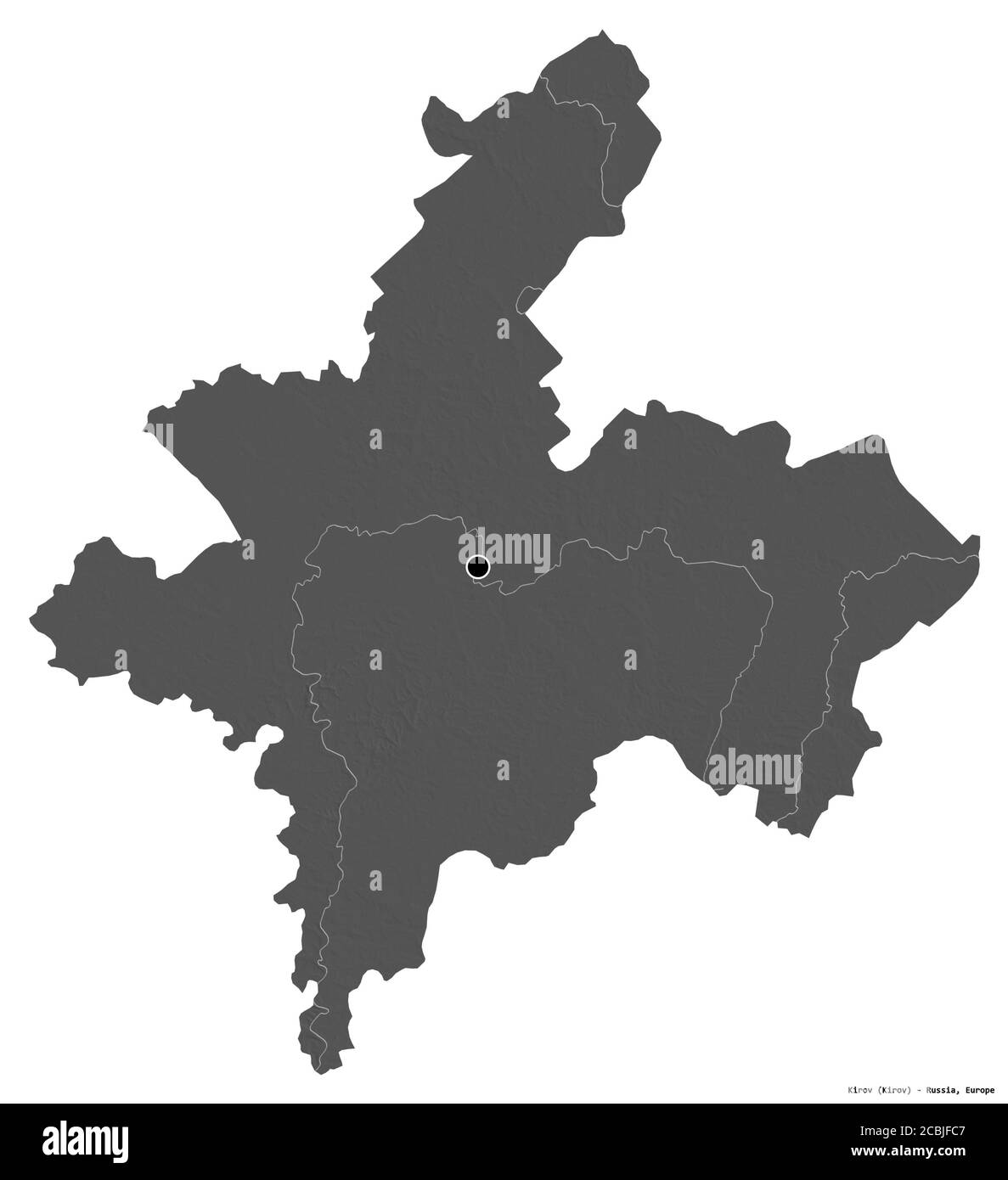 Shape of Kirov, region of Russia, with its capital isolated on white ...