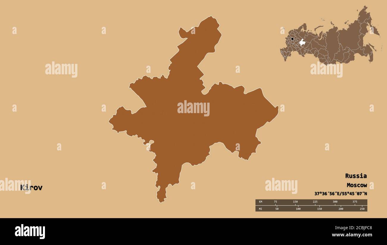 Shape of Kirov, region of Russia, with its capital isolated on solid ...