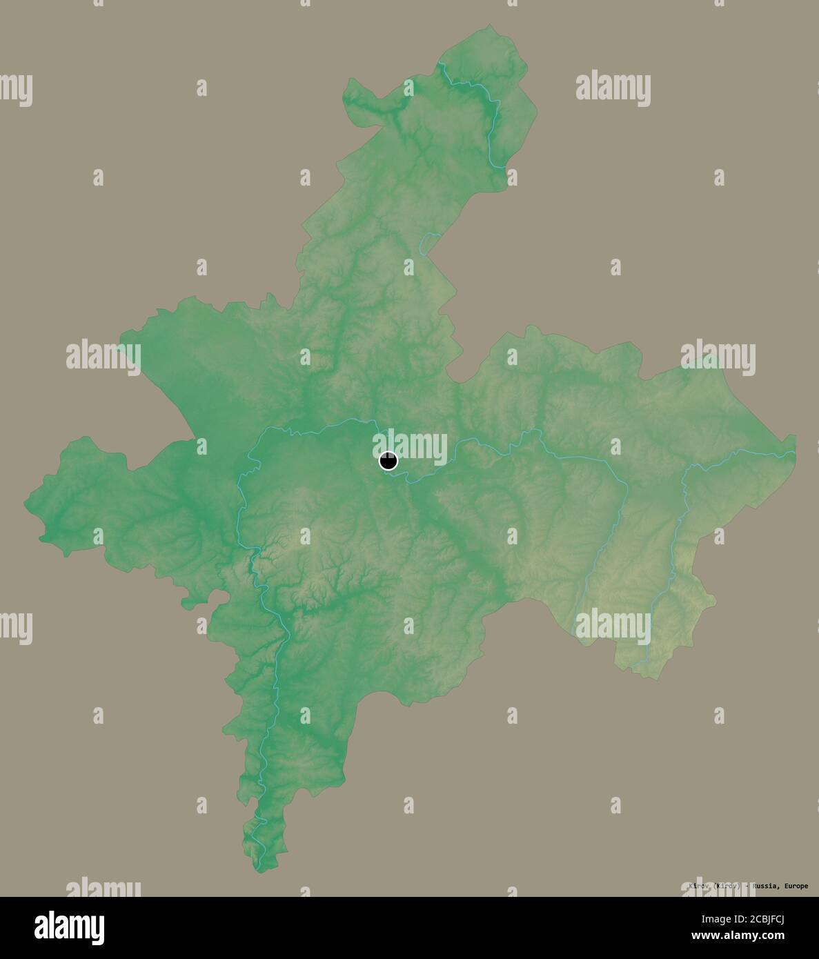Shape of Kirov, region of Russia, with its capital isolated on a solid ...