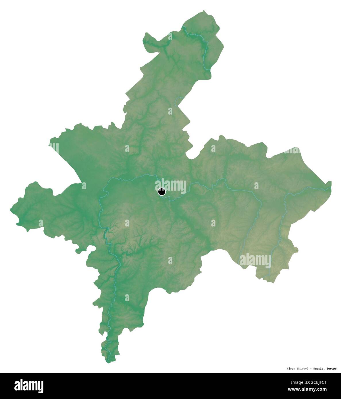 Shape of Kirov, region of Russia, with its capital isolated on white ...