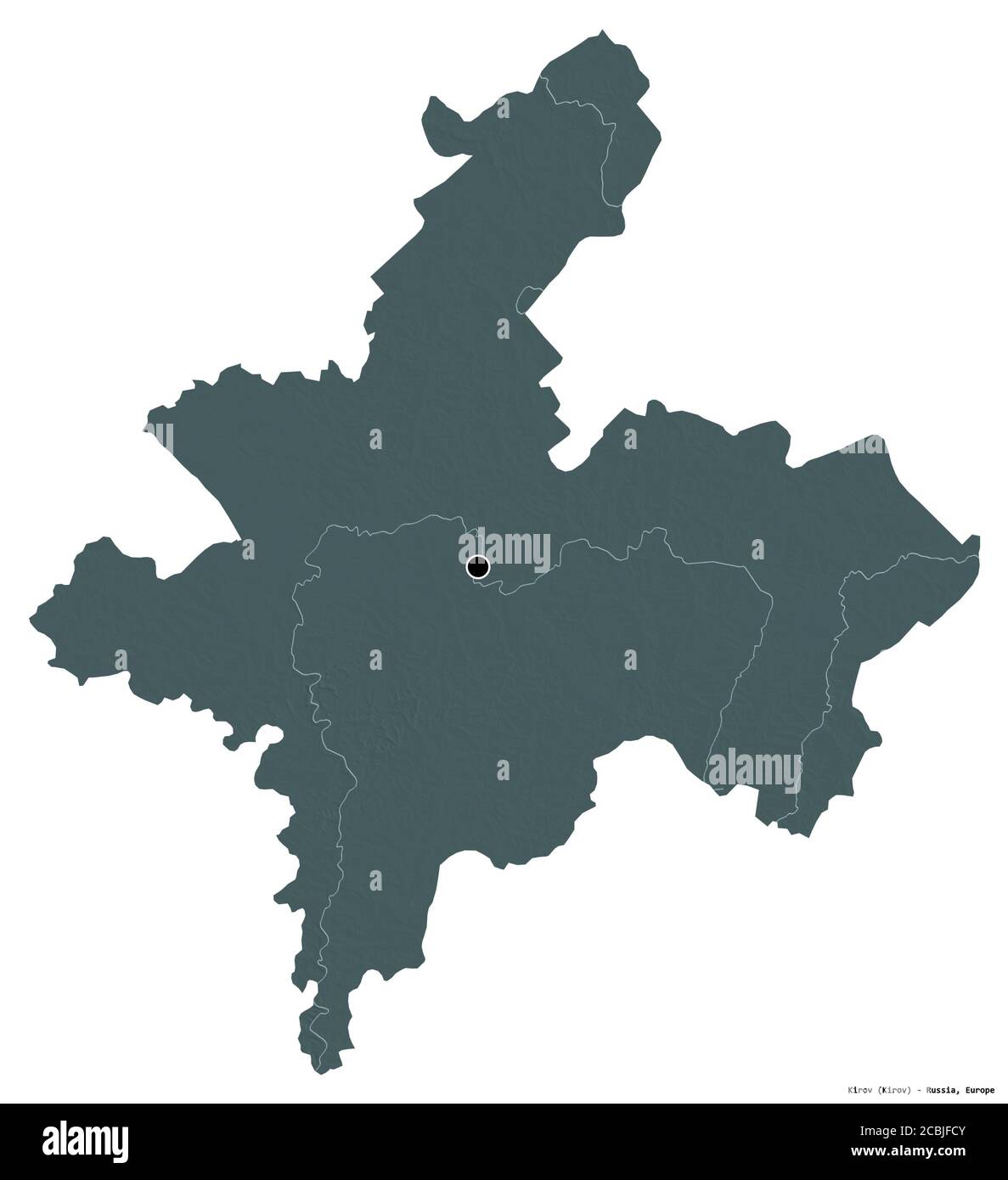 Shape of Kirov, region of Russia, with its capital isolated on white ...