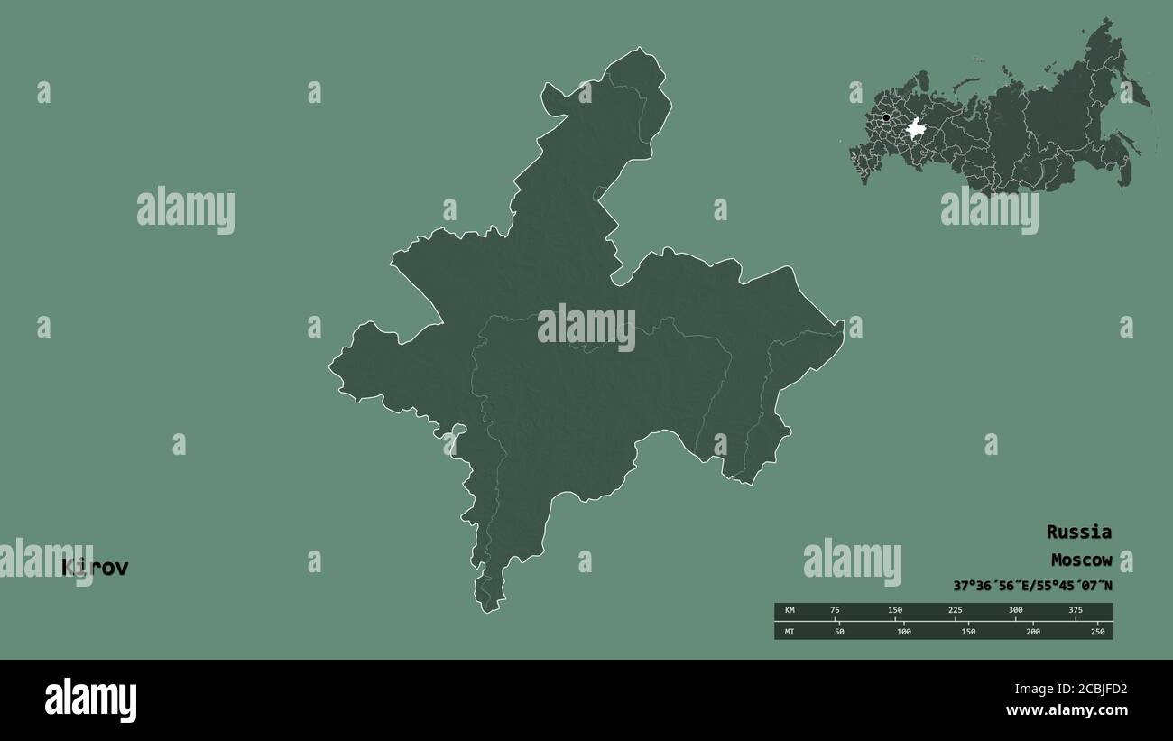 Shape of Kirov, region of Russia, with its capital isolated on solid ...