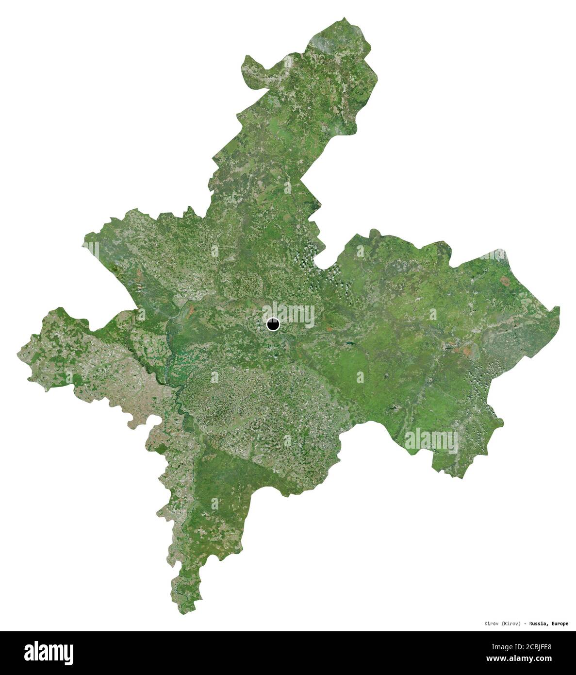 Shape of Kirov, region of Russia, with its capital isolated on white ...