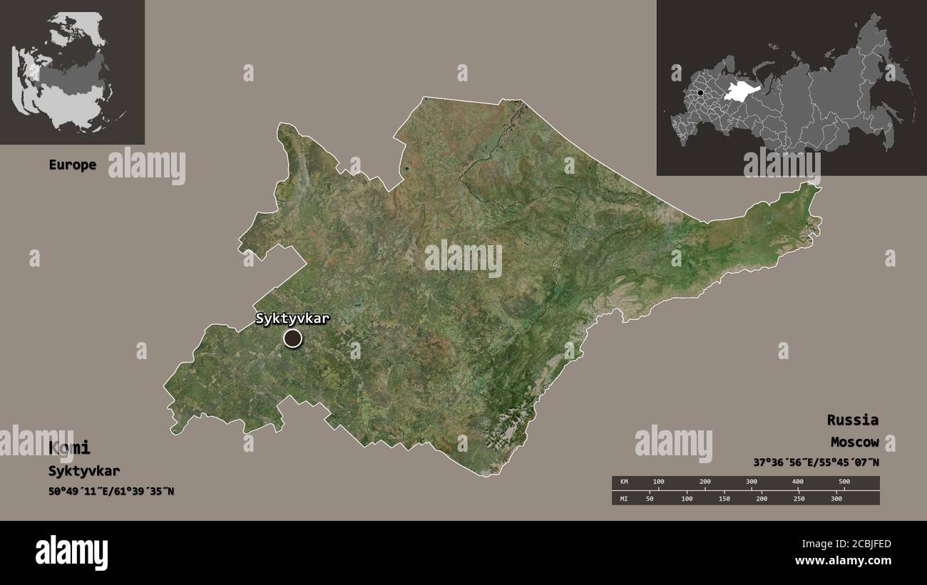 Shape of Komi, republic of Russia, and its capital. Distance scale ...