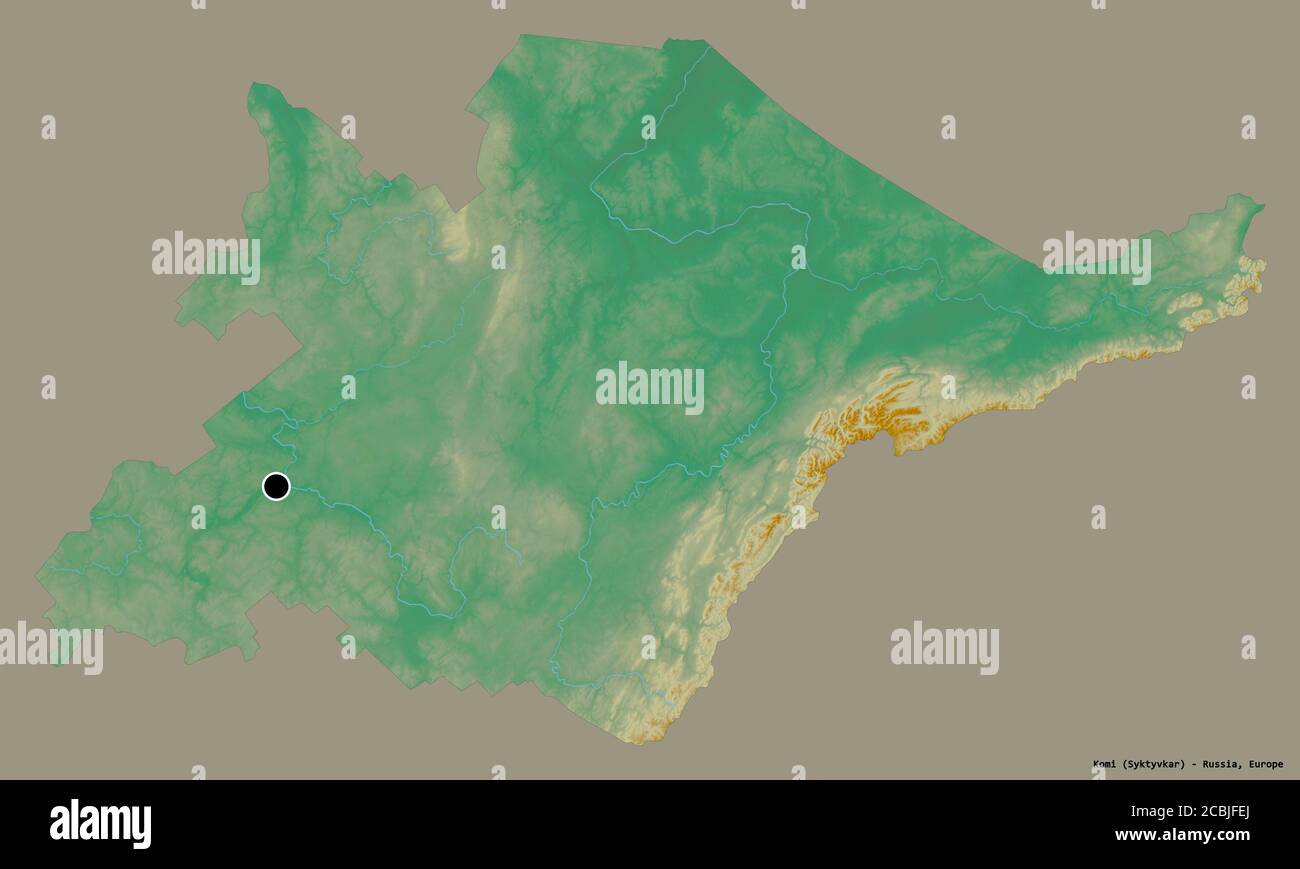 Shape of Komi, republic of Russia, with its capital isolated on a solid ...