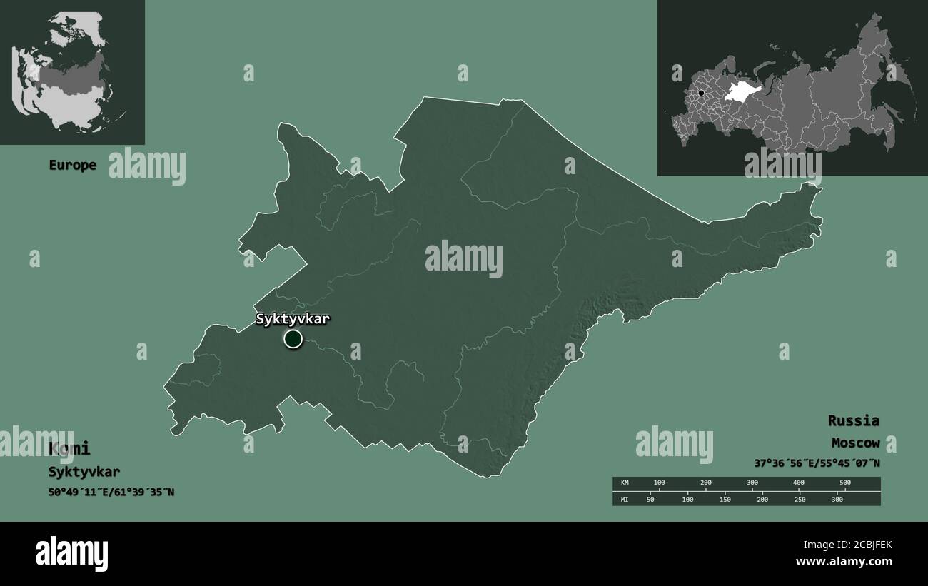 Shape of Komi, republic of Russia, and its capital. Distance scale ...