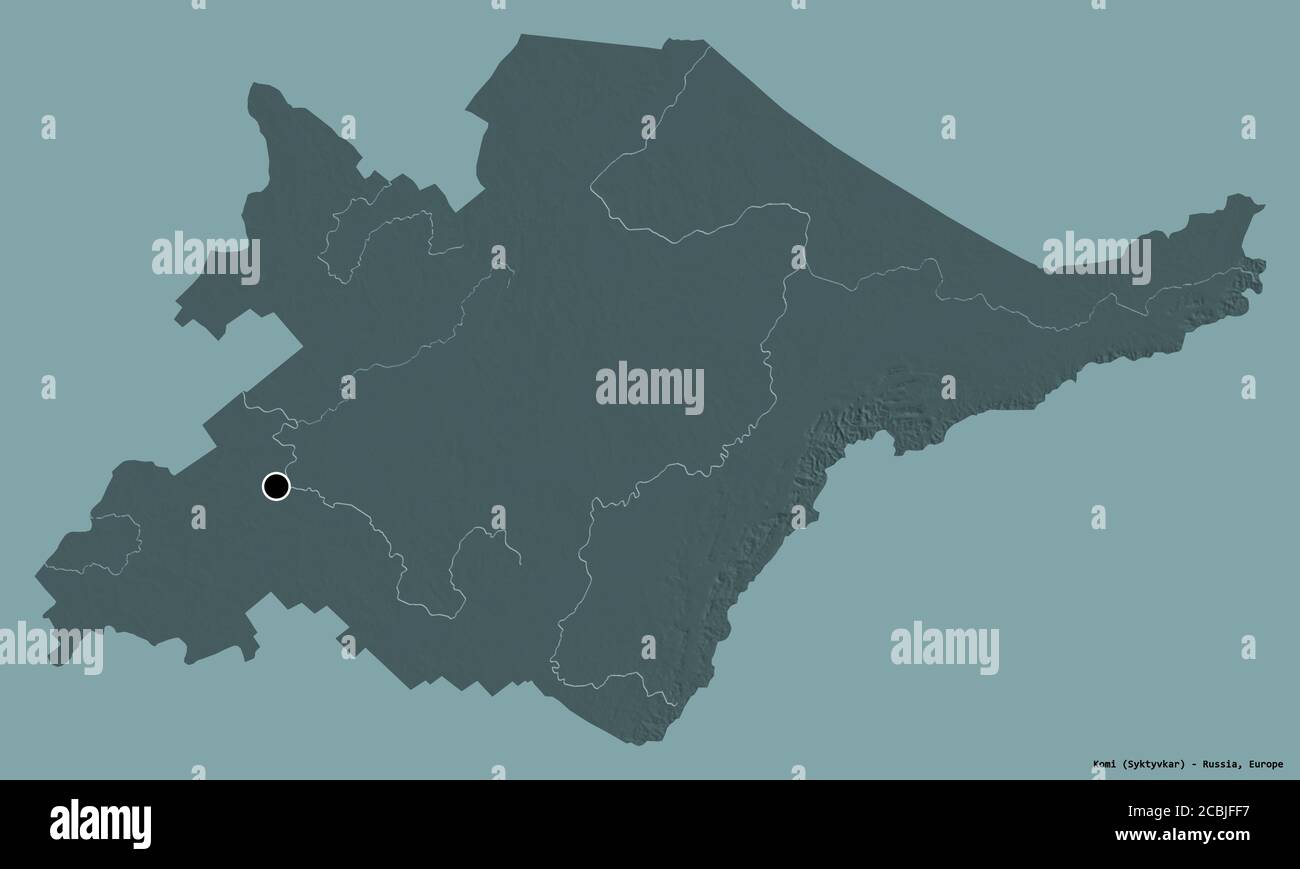 Shape of Komi, republic of Russia, with its capital isolated on a solid ...