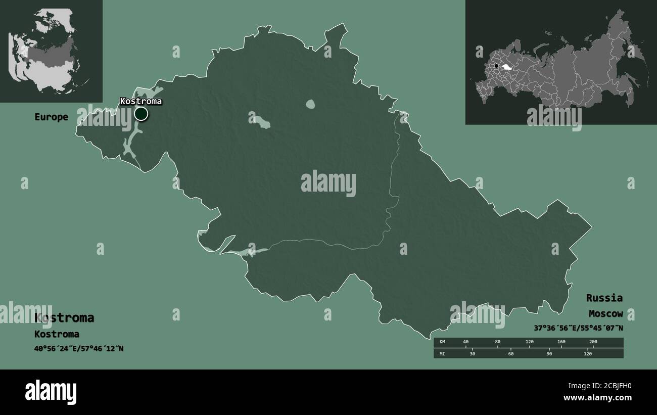 Shape of Kostroma, region of Russia, and its capital. Distance scale ...