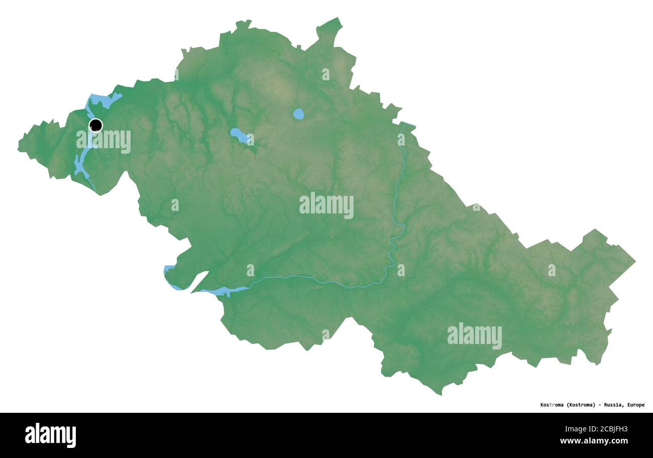 Shape of Kostroma, region of Russia, with its capital isolated on white ...