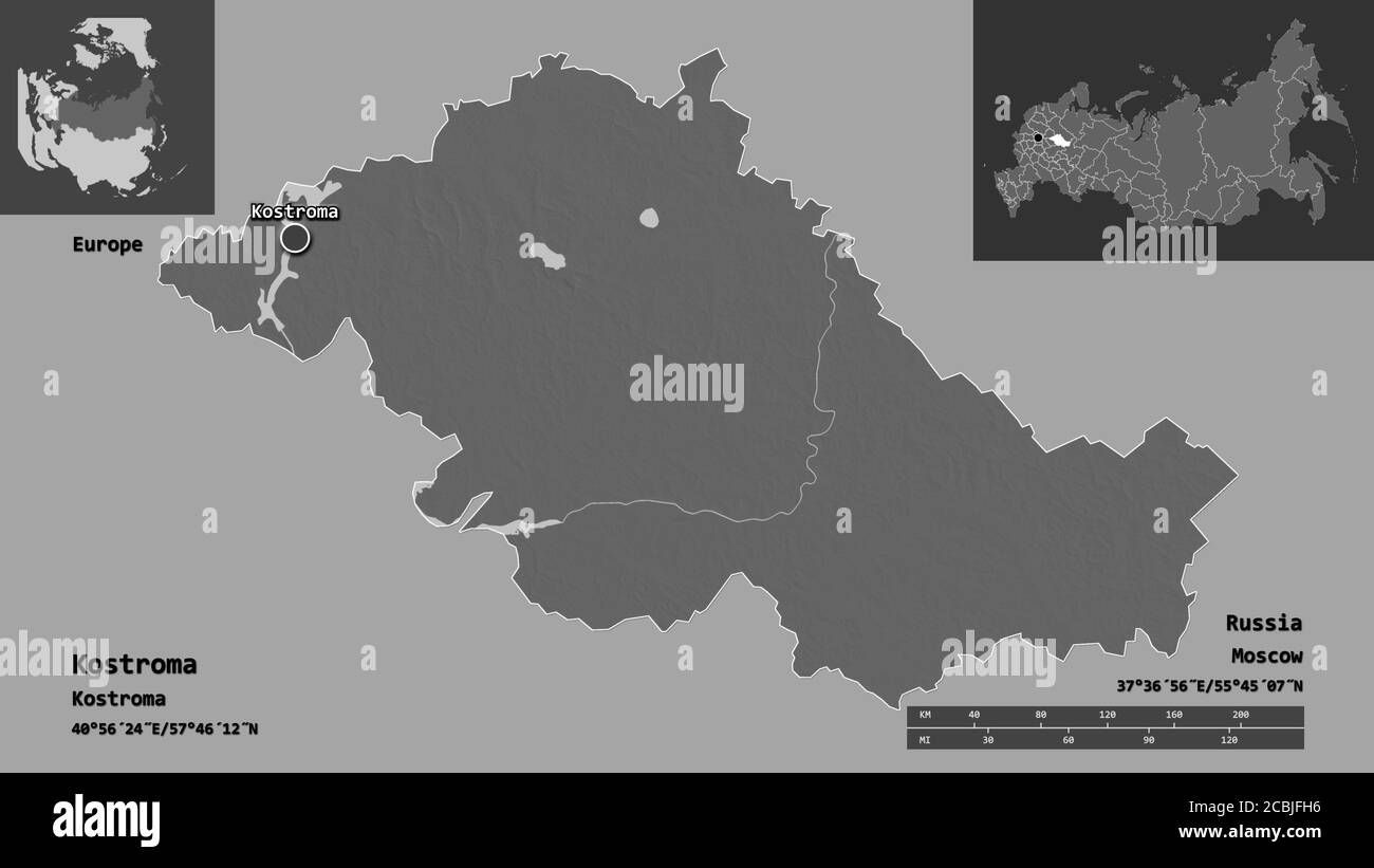 Shape of Kostroma, region of Russia, and its capital. Distance scale ...