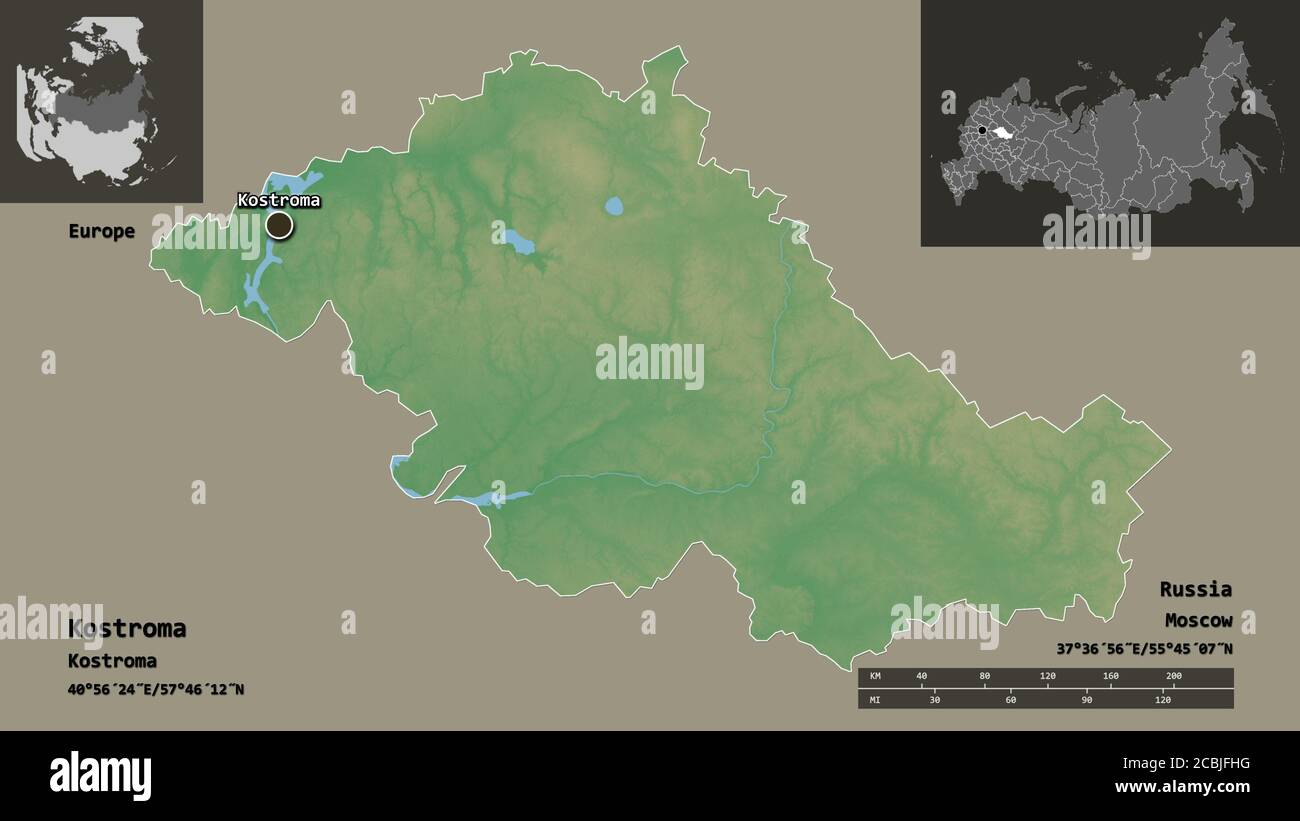 Shape of Kostroma, region of Russia, and its capital. Distance scale ...