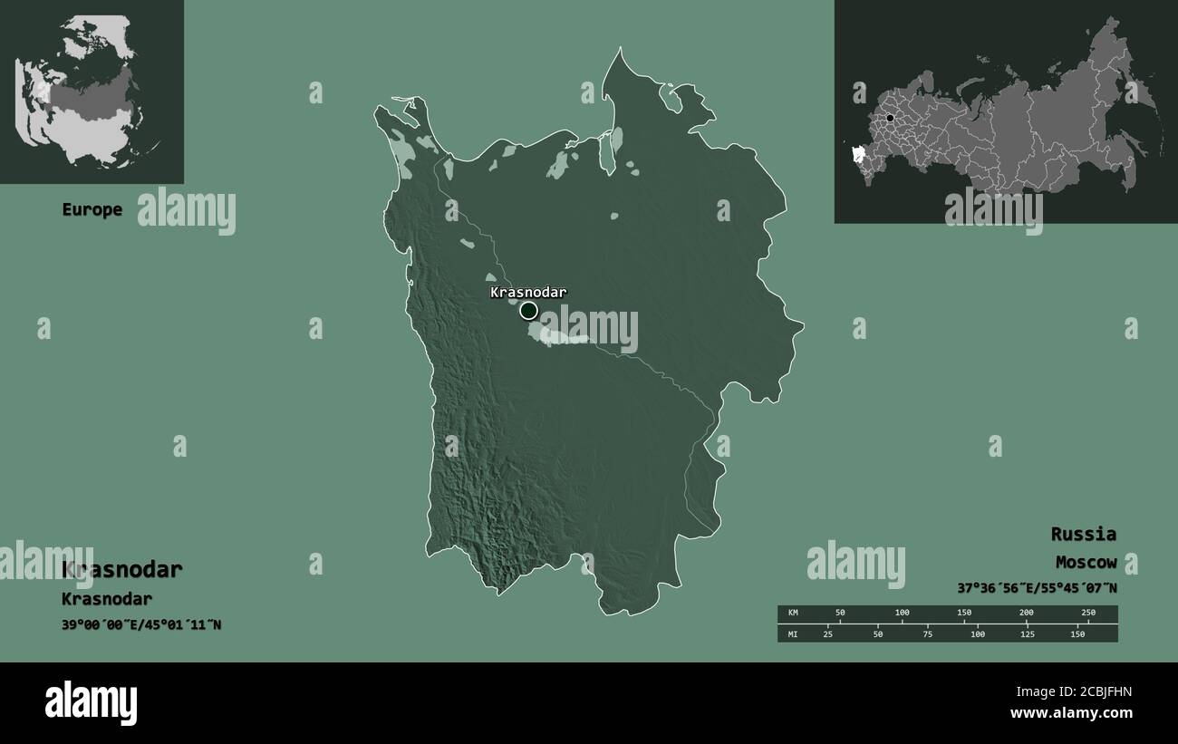 Shape of Krasnodar, territory of Russia, and its capital. Distance ...