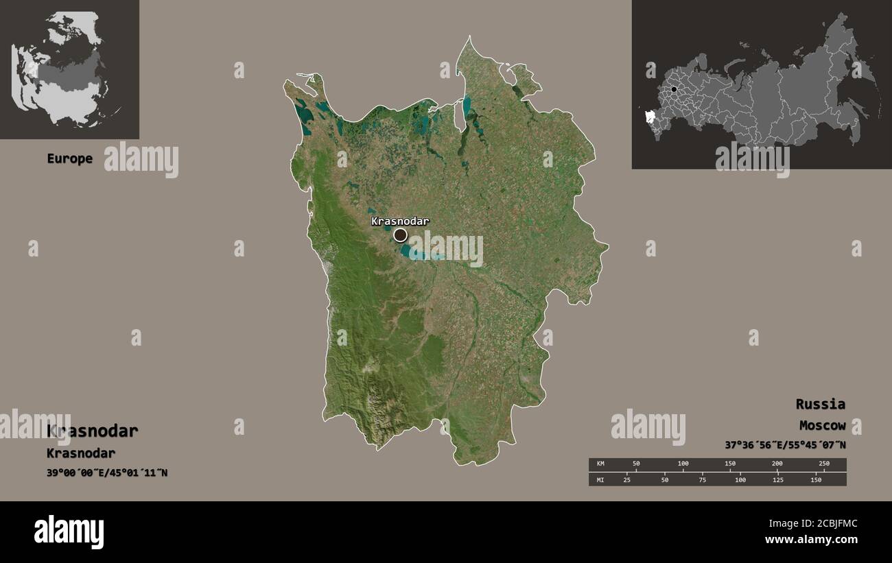 Shape of Krasnodar, territory of Russia, and its capital. Distance ...