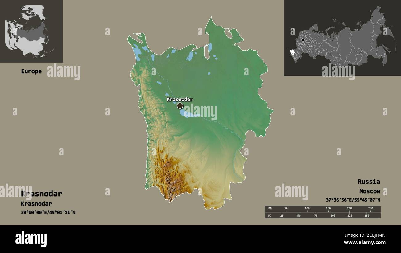 Shape of Krasnodar, territory of Russia, and its capital. Distance ...