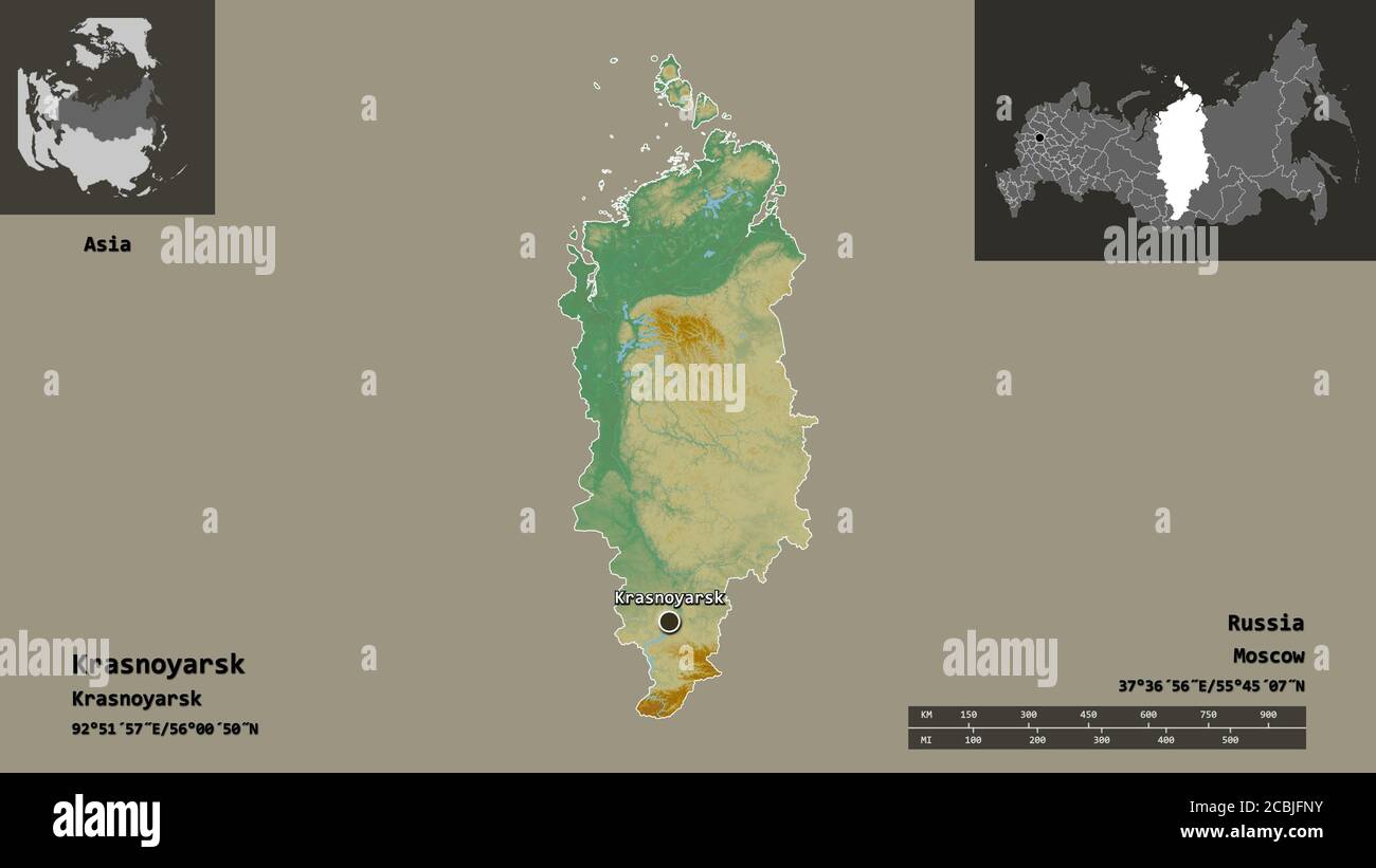 Shape of Krasnoyarsk, territory of Russia, and its capital. Distance ...