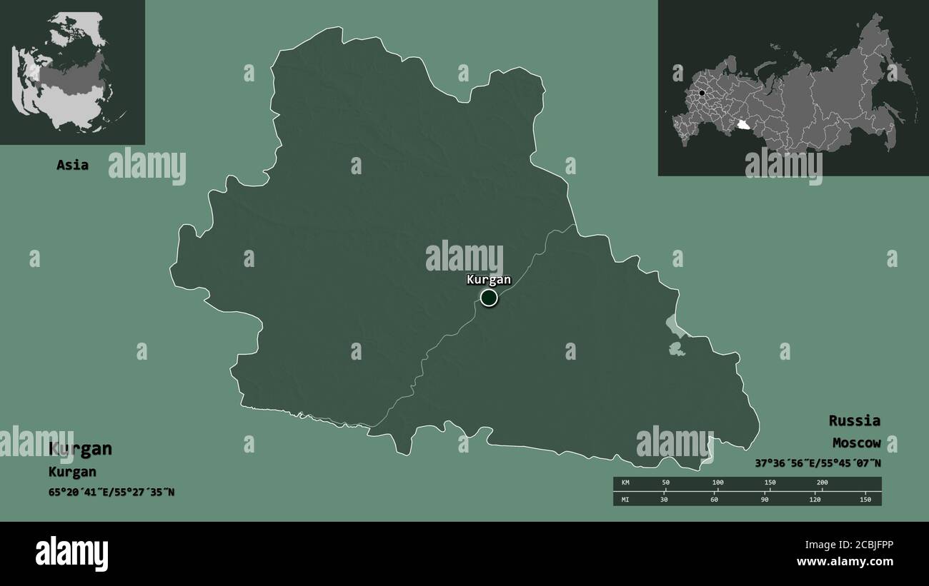 Shape of Kurgan, region of Russia, and its capital. Distance scale ...