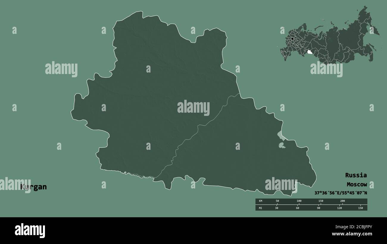 Shape of Kurgan, region of Russia, with its capital isolated on solid ...
