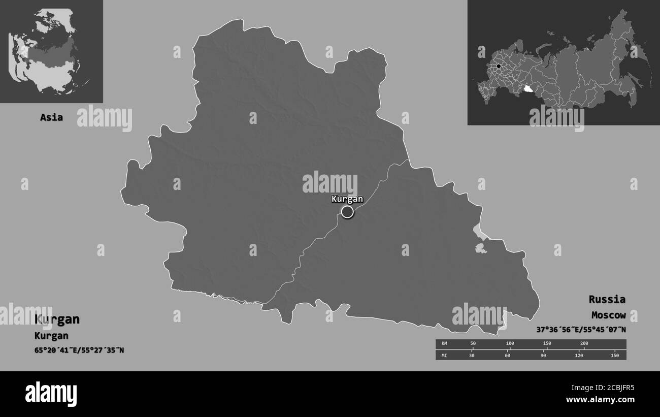 Shape of Kurgan, region of Russia, and its capital. Distance scale ...