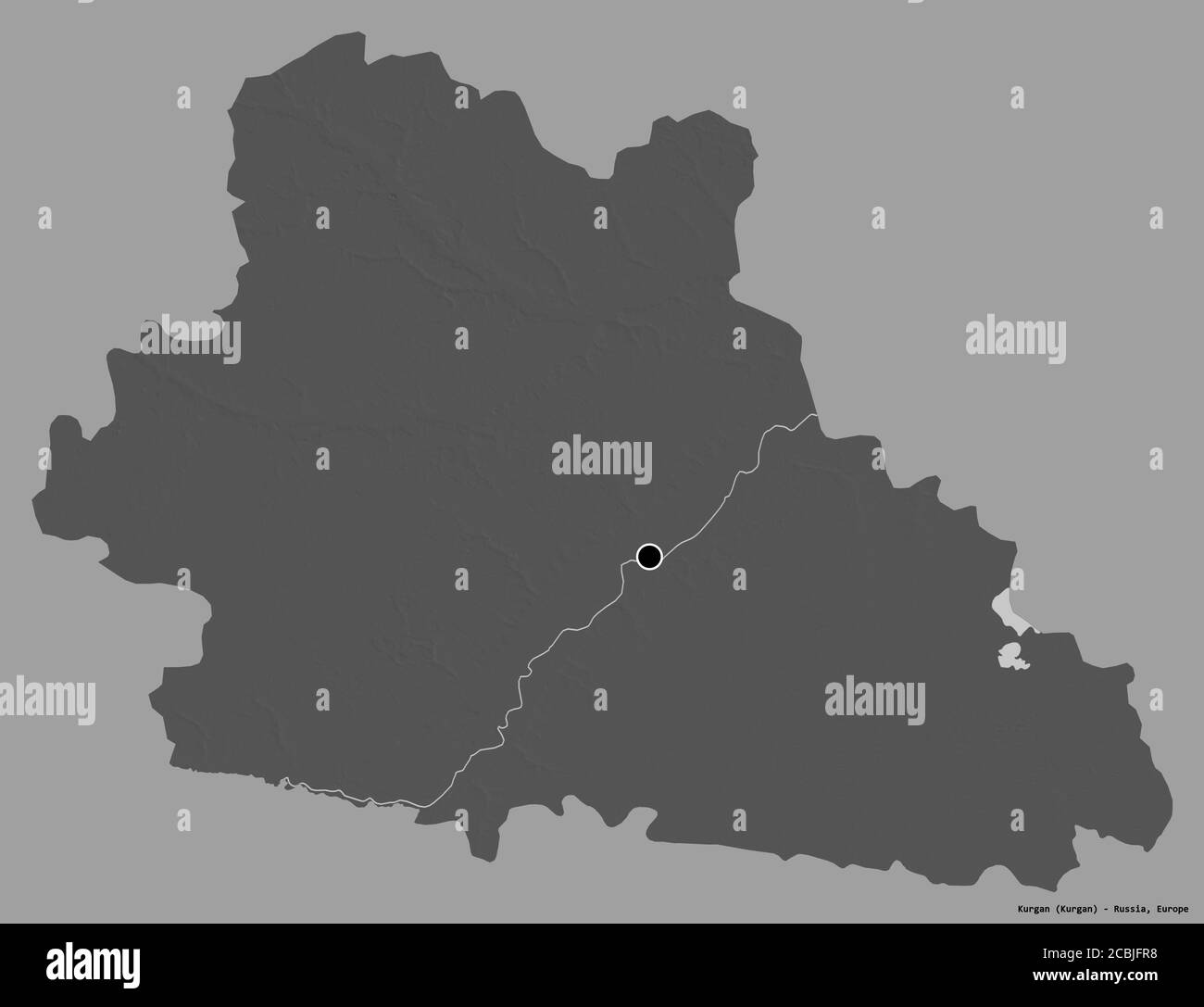 Shape of Kurgan, region of Russia, with its capital isolated on a solid ...
