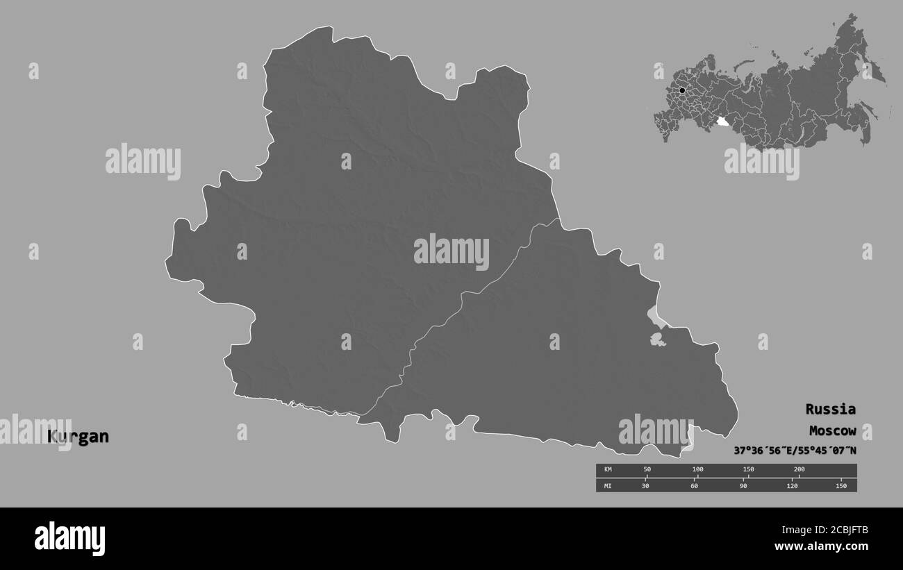 Shape of Kurgan, region of Russia, with its capital isolated on solid ...