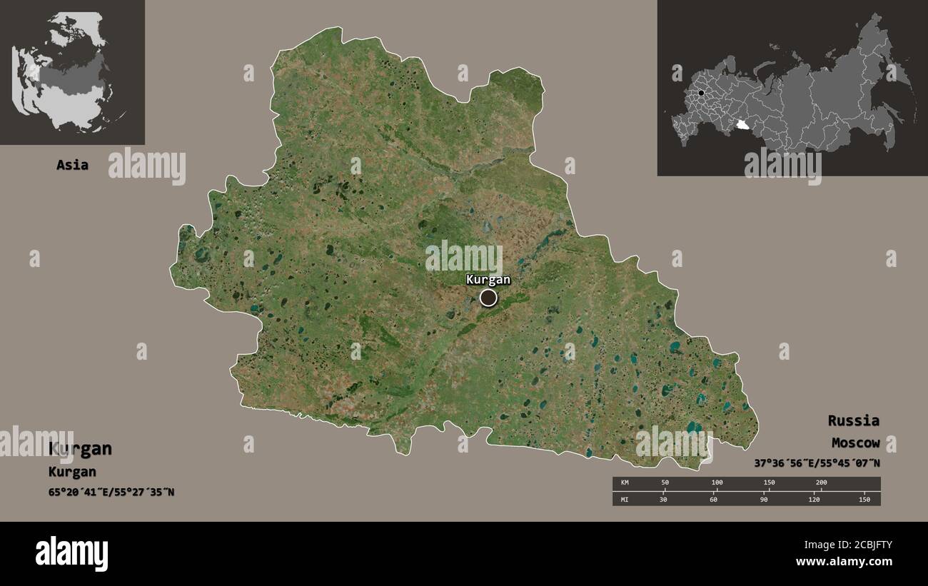 Shape of Kurgan, region of Russia, and its capital. Distance scale ...