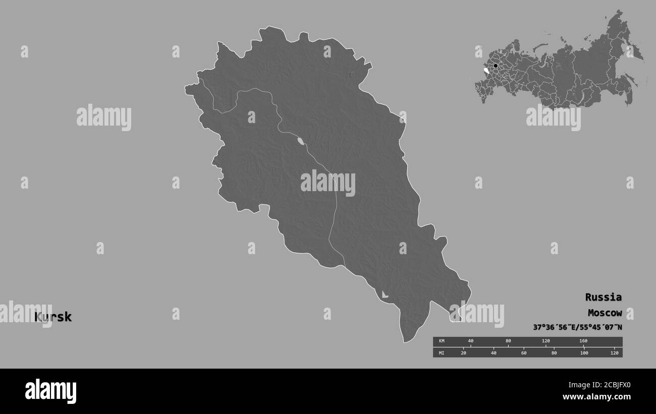 Shape of Kursk, region of Russia, with its capital isolated on solid ...