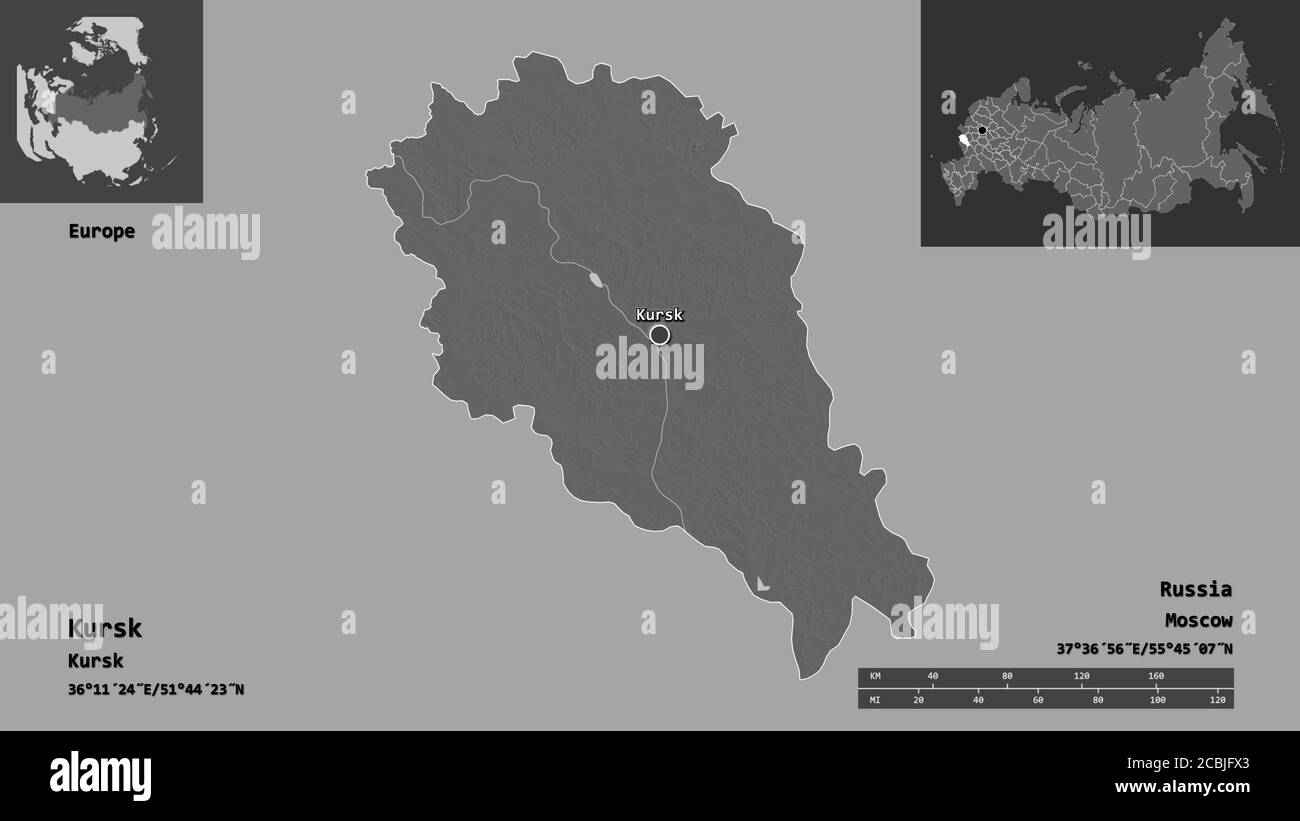Shape of Kursk, region of Russia, and its capital. Distance scale ...