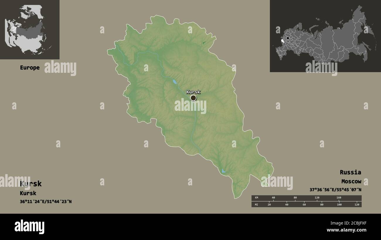 Shape of Kursk, region of Russia, and its capital. Distance scale ...