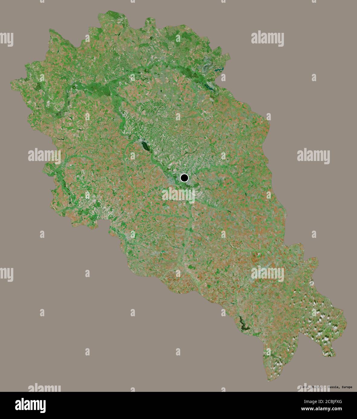 Shape of Kursk, region of Russia, with its capital isolated on a solid ...