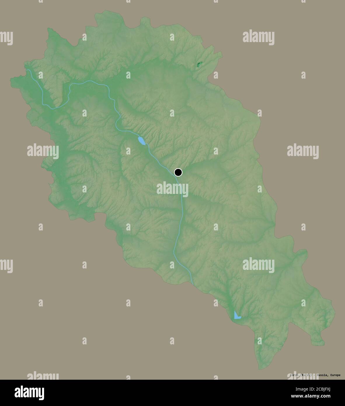 Shape of Kursk, region of Russia, with its capital isolated on a solid ...
