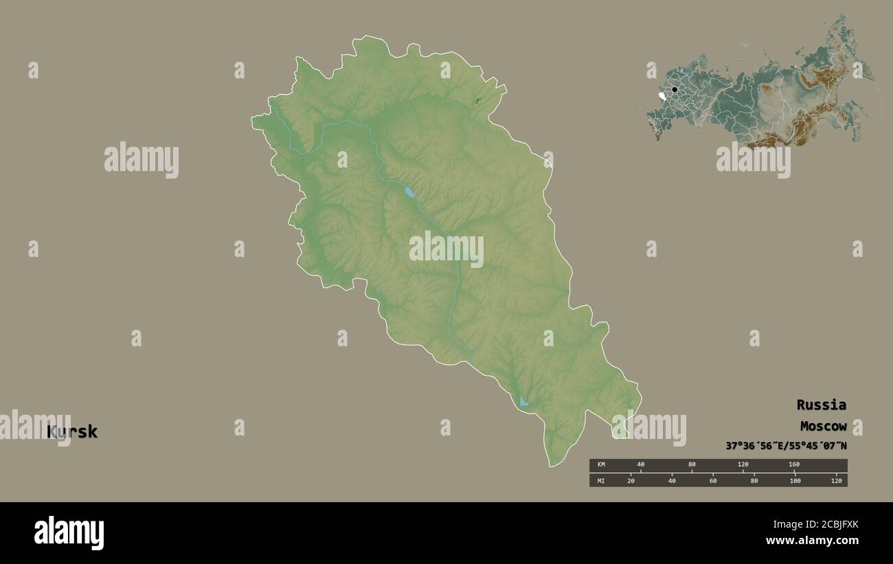 Shape of Kursk, region of Russia, with its capital isolated on solid ...