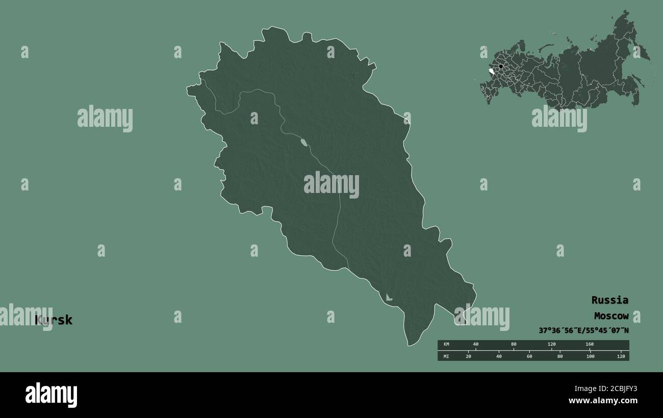 Shape of Kursk, region of Russia, with its capital isolated on solid ...
