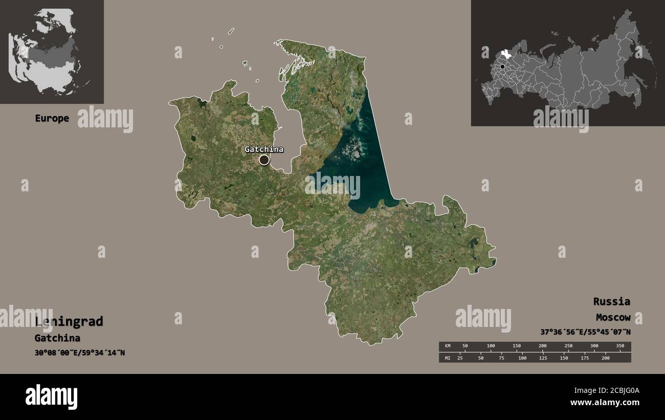 Shape of Leningrad, region of Russia, and its capital. Distance scale ...