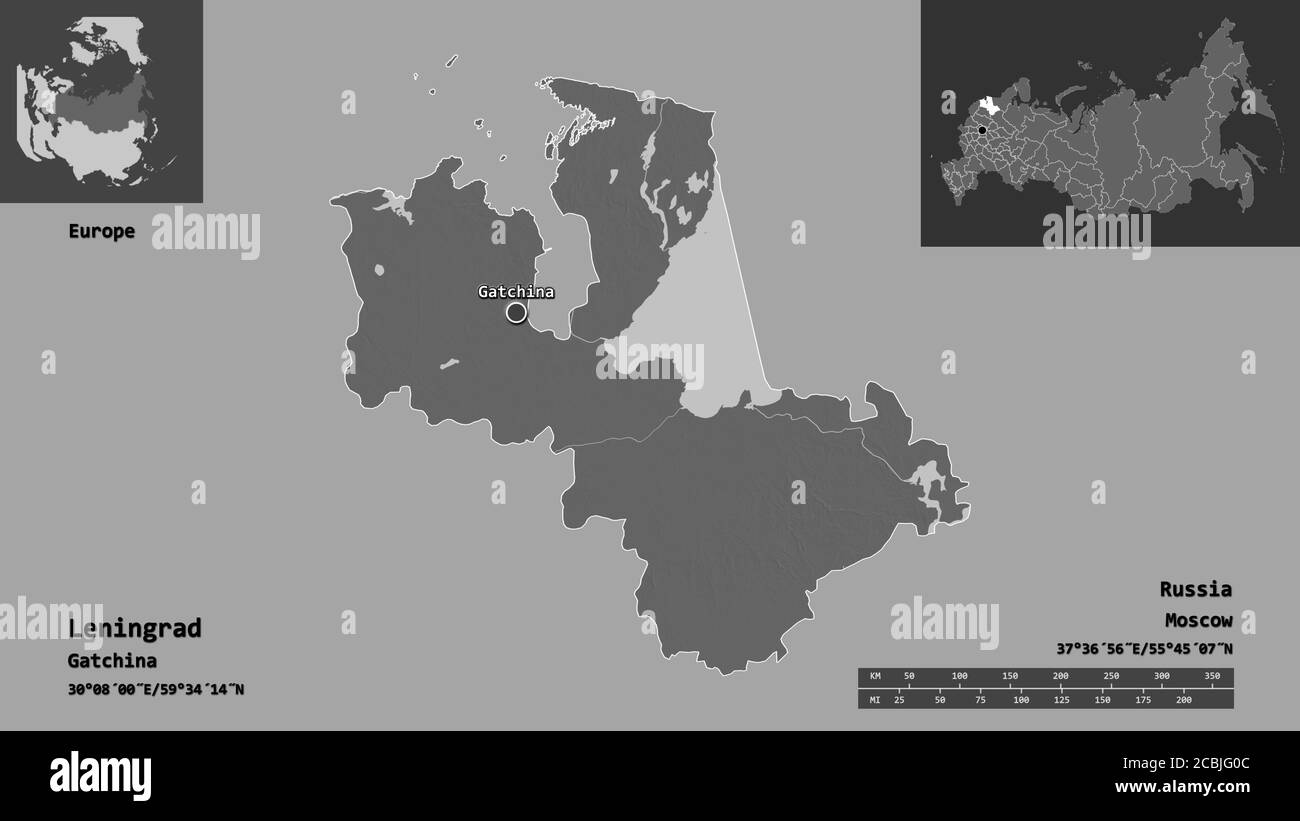 Shape of Leningrad, region of Russia, and its capital. Distance scale ...