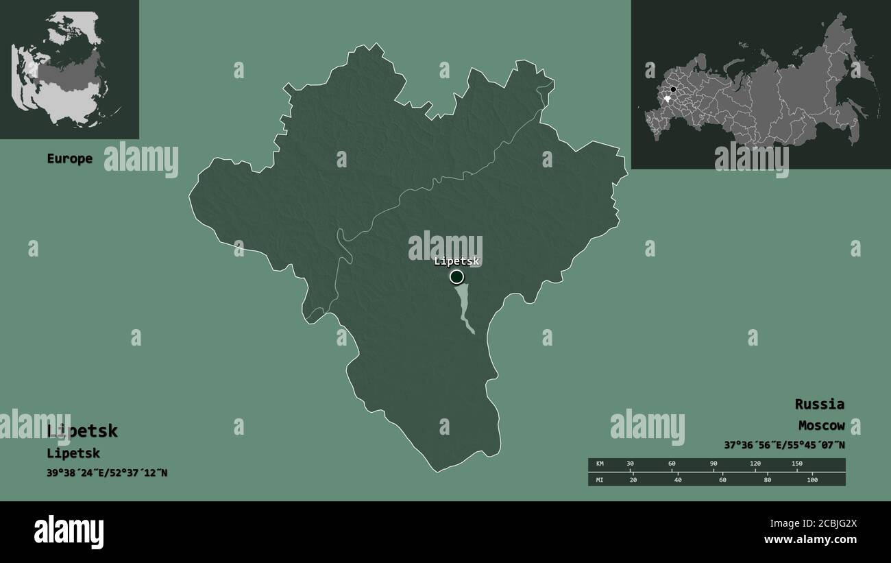 Shape of Lipetsk, region of Russia, and its capital. Distance scale ...