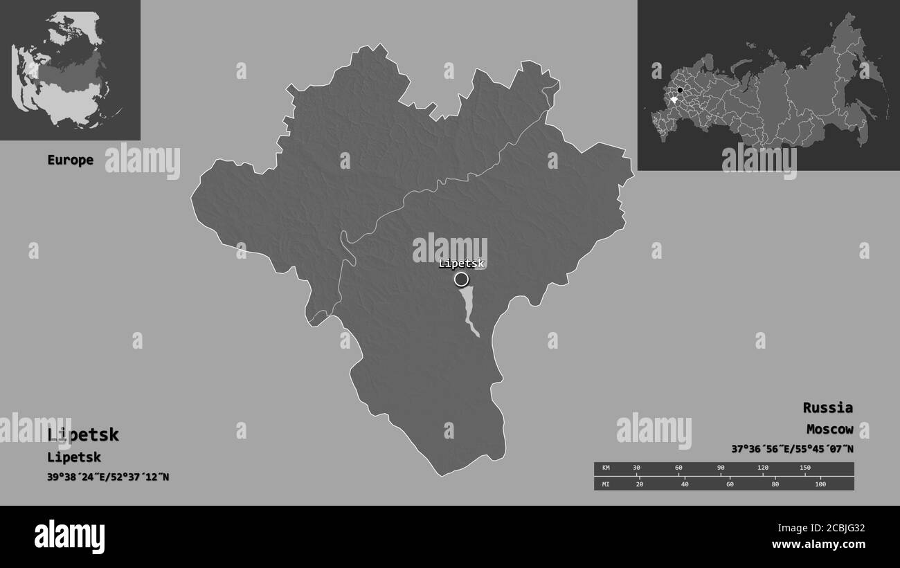 Shape of Lipetsk, region of Russia, and its capital. Distance scale ...