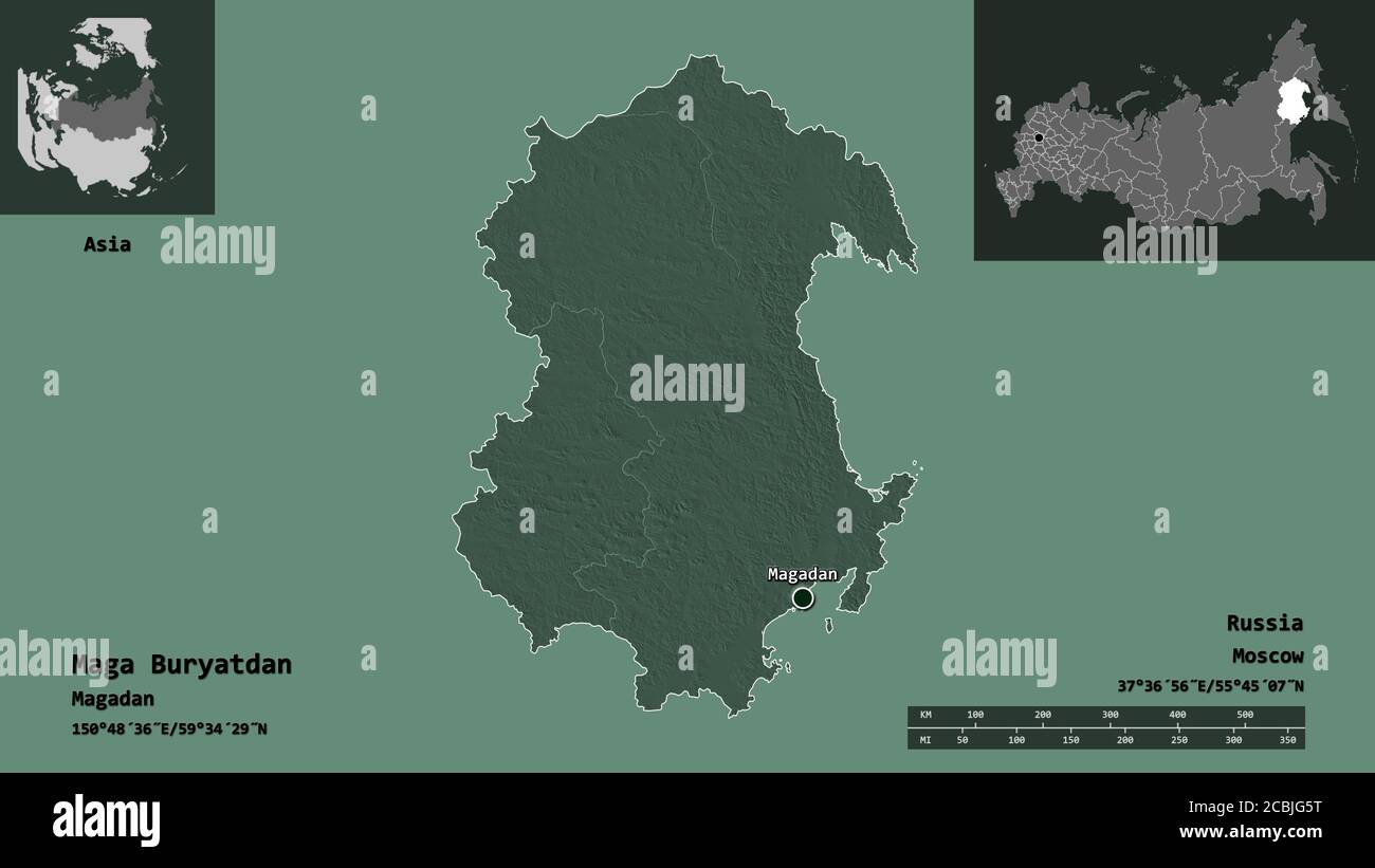 Shape of Maga Buryatdan, region of Russia, and its capital. Distance ...