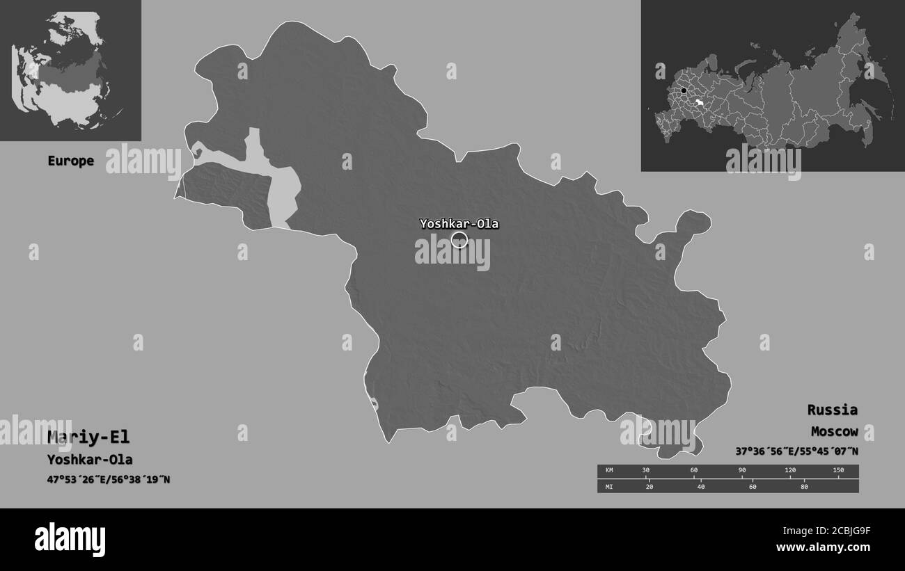 Shape of Mariy-El, republic of Russia, and its capital. Distance scale ...