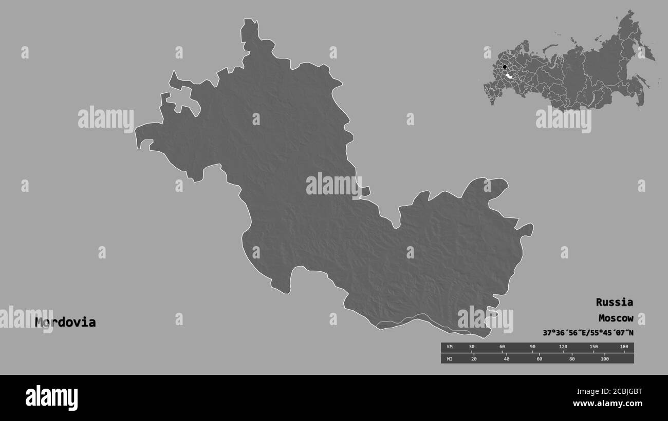 Shape of Mordovia, republic of Russia, with its capital isolated on ...