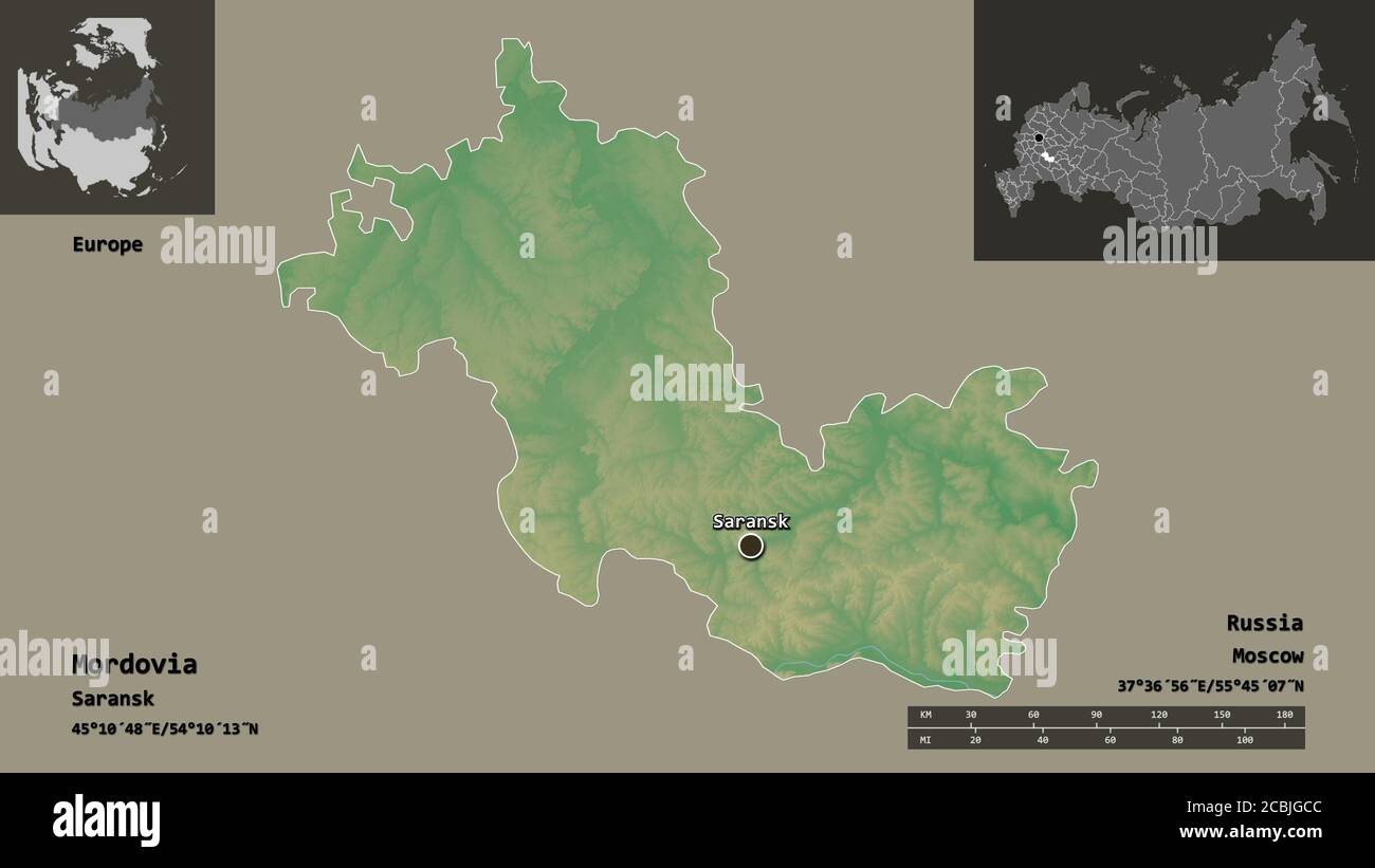 Shape of Mordovia, republic of Russia, and its capital. Distance scale ...