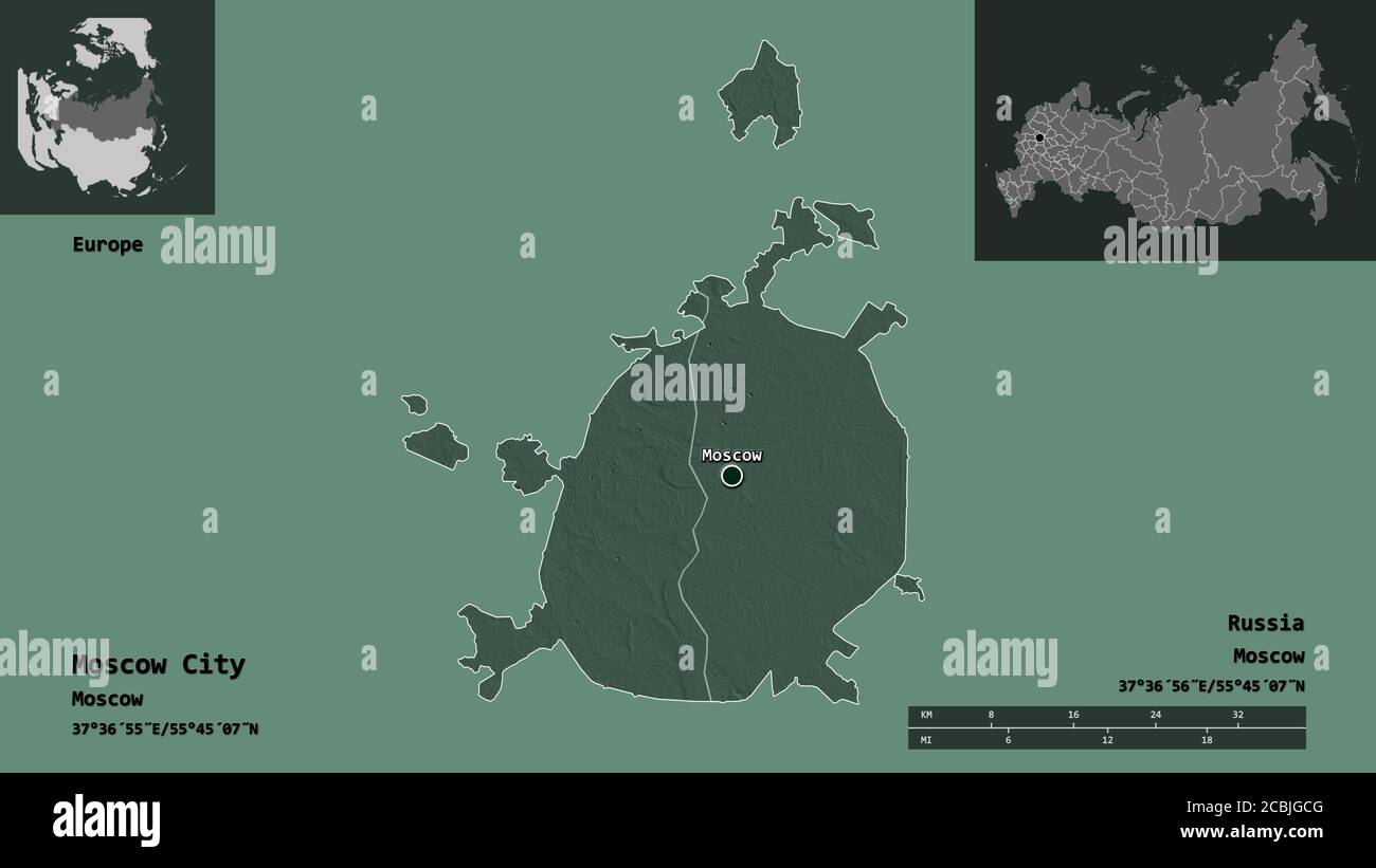 Shape of Moscow City, city of Russia, and its capital. Distance scale ...