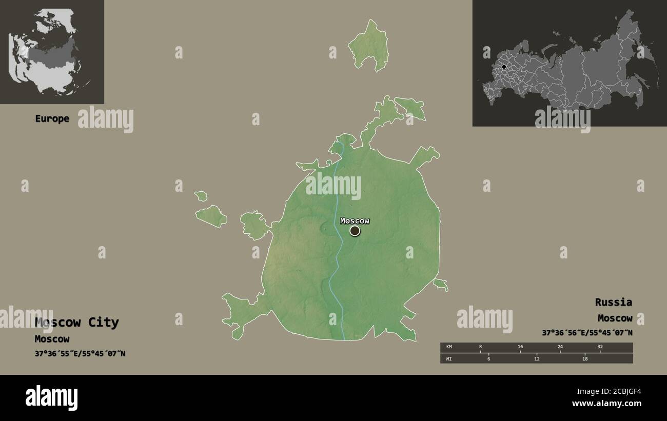 Shape of Moscow City, city of Russia, and its capital. Distance scale ...