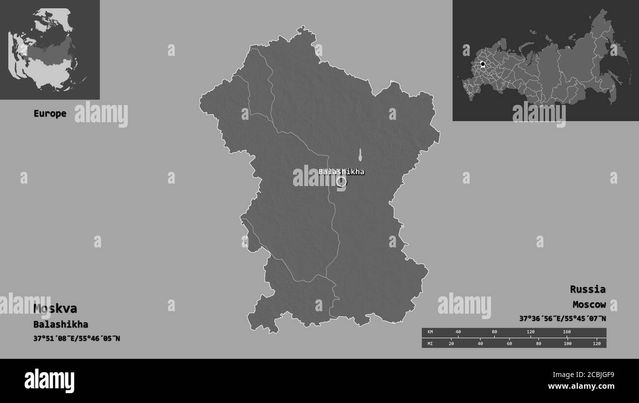 Shape of Moskva, region of Russia, and its capital. Distance scale ...